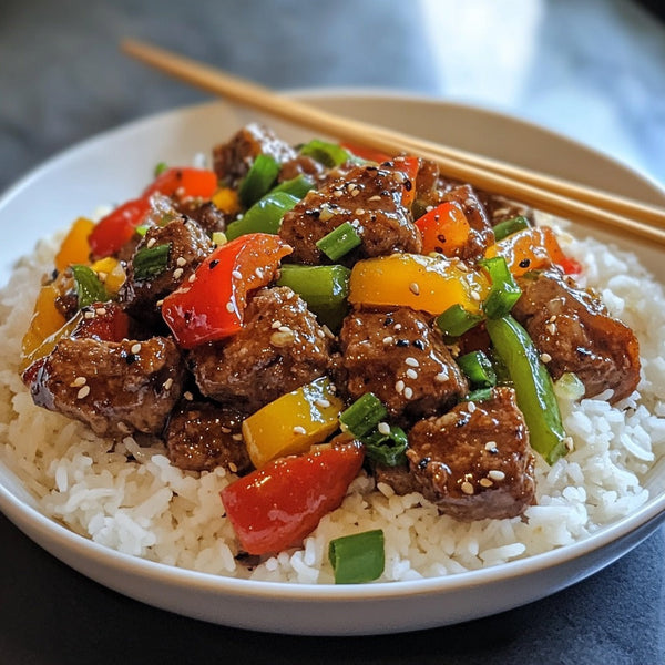 Protein Black Pepper Beef with Peppers Over Steamed Rice